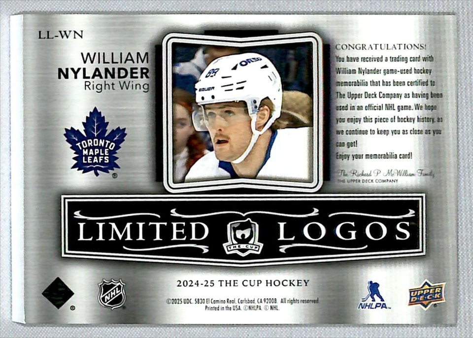 William Nylander 2024-25 UD The Cup Limited Logos Patch /50 #LL-WN Toronto Maple | eBay