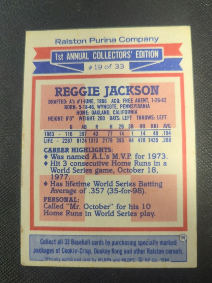 1984 Topps Ralston Purina Reggie Jackson Card #19 Of 33 California ...