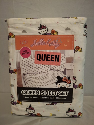 Hello Kitty Halloween QUEEN Sheet Set Witch on Broom & Pumpkins White 4 ...