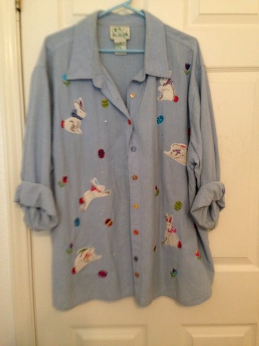 Vintage Quacker Factory Easter Bunny Embroidered Floral Button-Down ...