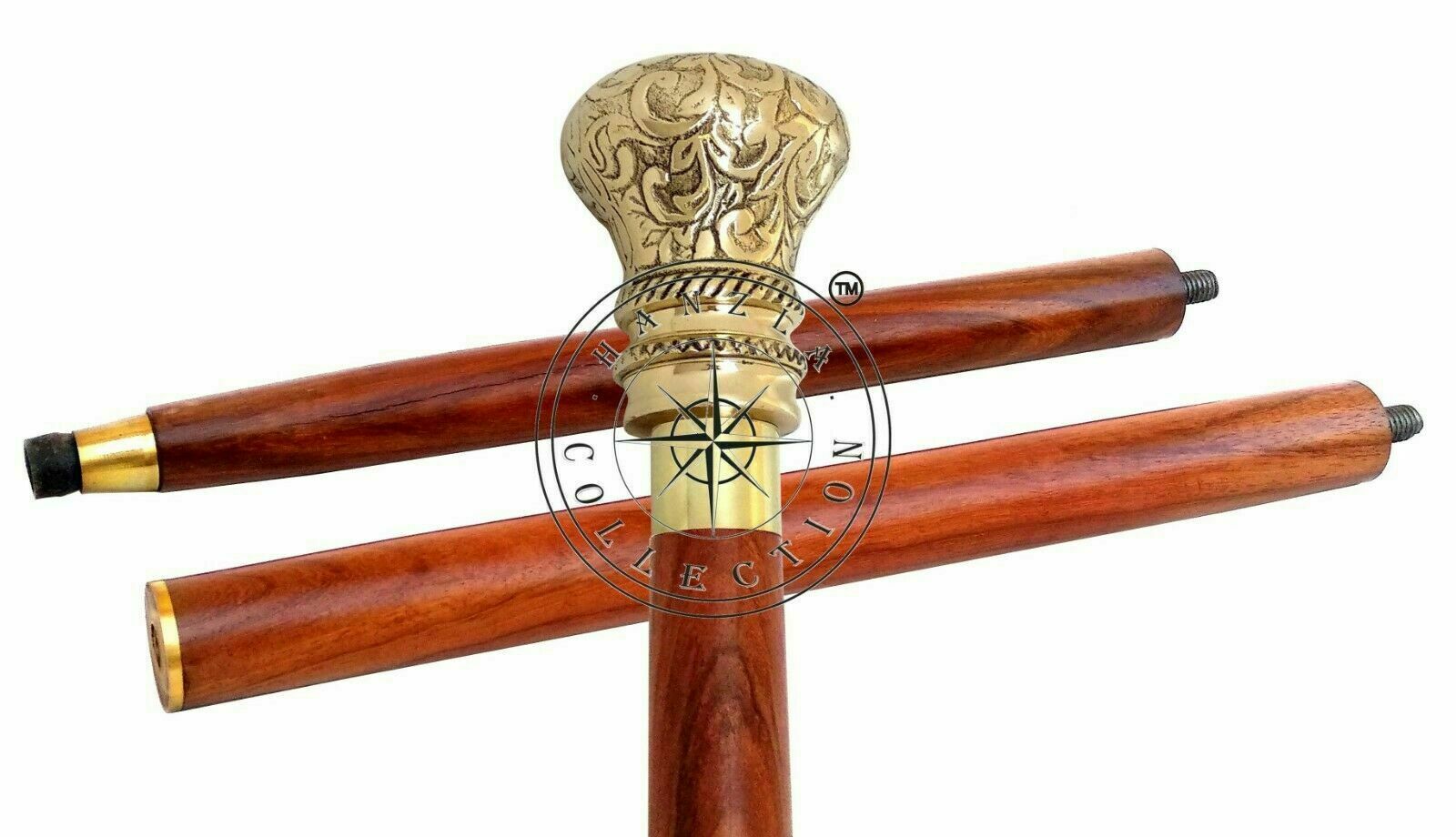 Golden Nautical Brass Knob Head Handle 37"Wooden Walking Stick Shaft ...