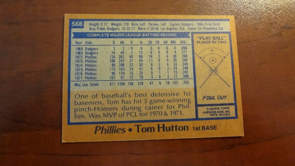 1978 TOPPS # 568 TOM HUTTON BASEBALL CARD | eBay
