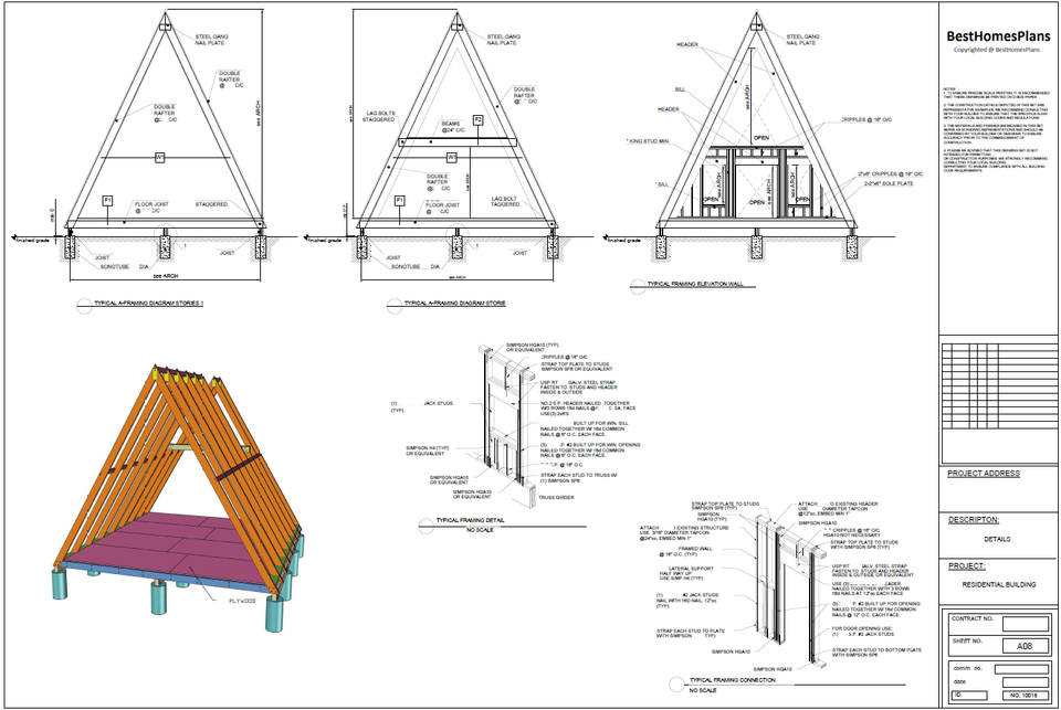 45’x57’ 4 Beds, 2 Baths A-Frame Cabin Architectural Build Plans PDF ...