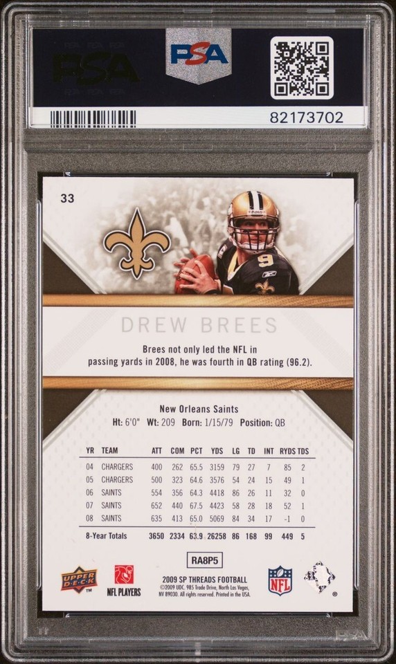 2009 Upper Deck Football SP Threads Drew Brees Card #33 PSA GEM MT 10 ...