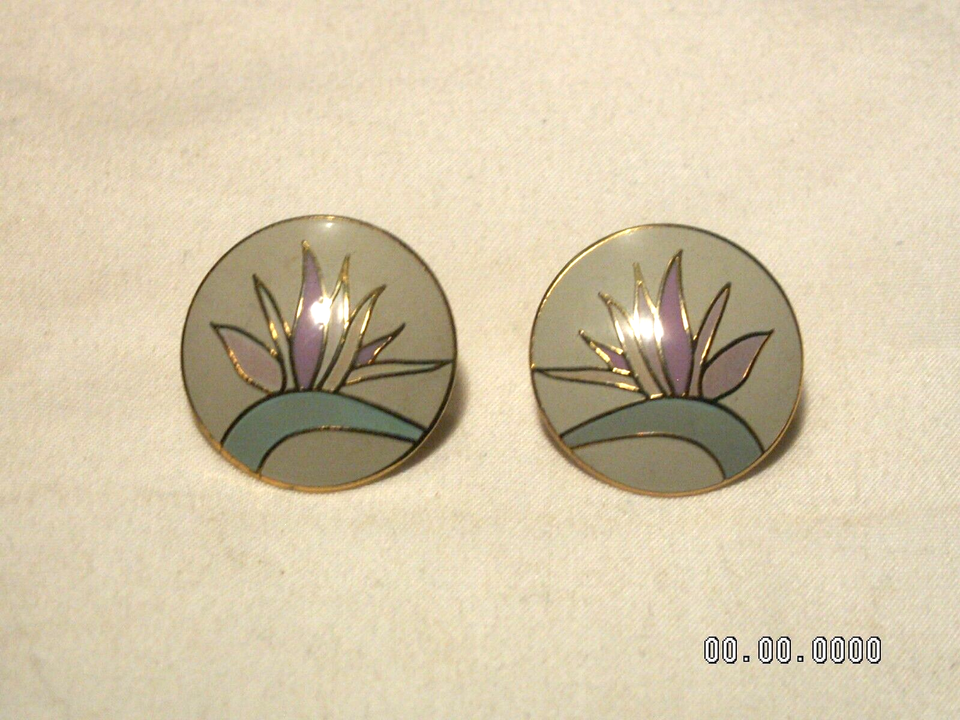 Vintage Laurel Burch Color Oro, Smalto Bombato Floreale Orecchini a ...