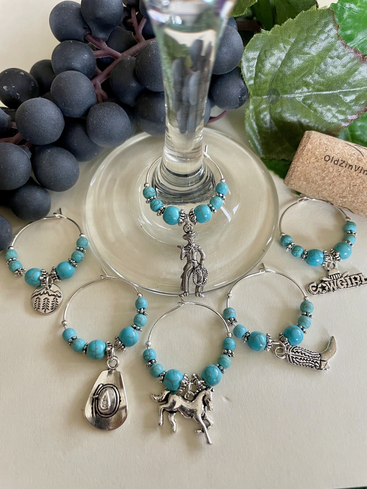Yee-haw! Turquoise Jade Western Themed Wine Glass Charms, Gift Packaged ...