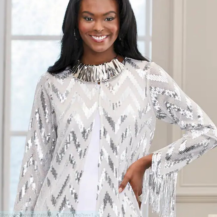 L Midnight Velvet White Silver Formal Wedding Rebekah Sequin Fringe 2P ...