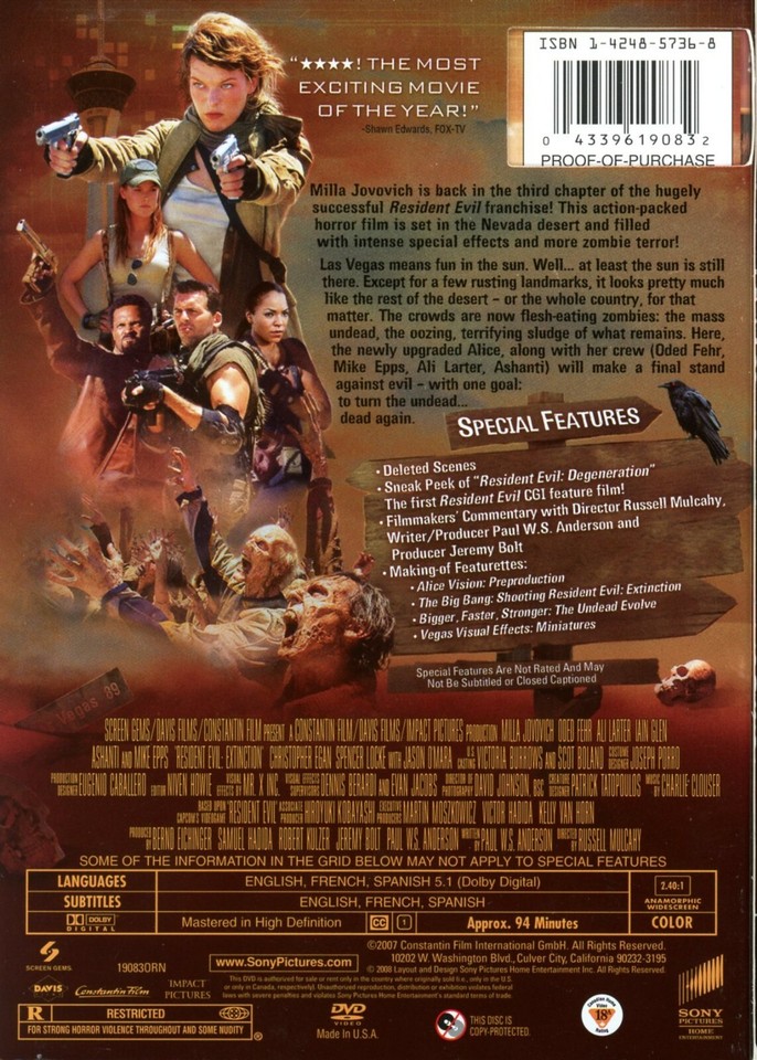 RESIDENT EVIL: EXTINCTION (2007) Milla Jovovich , Special Edition DVD ...