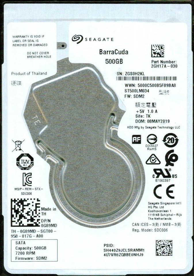 ST500LM034 P/N: 2GH17A-030 F/W:SDM2 TK ZGS0 SEAGATE SATA 500GB MAY 2019 ...