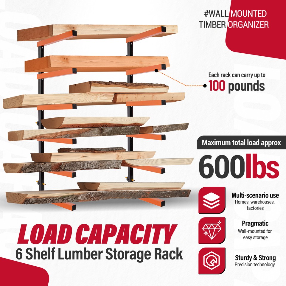 Wood Organizer Lumber Storage Rack Wall Mount with 6-Level Indoor ...