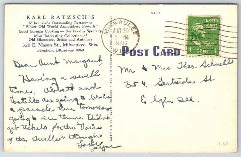 Milwaukee Wisconsin~Karl Ratzsch's Restaurant Interior~Art-Deco~Linen ...