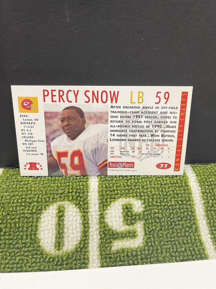 1992 GAMEDAY PERCY SNOW SIGNED CARD BLUE INK RARE KANSAS CITY CHIEFS ...