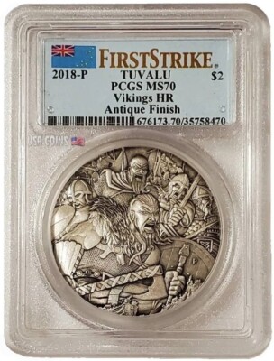 2018 1 Oz Silver $2 Tuvalu VIKINGS PCGS MS70 FS High Relief Antique ...