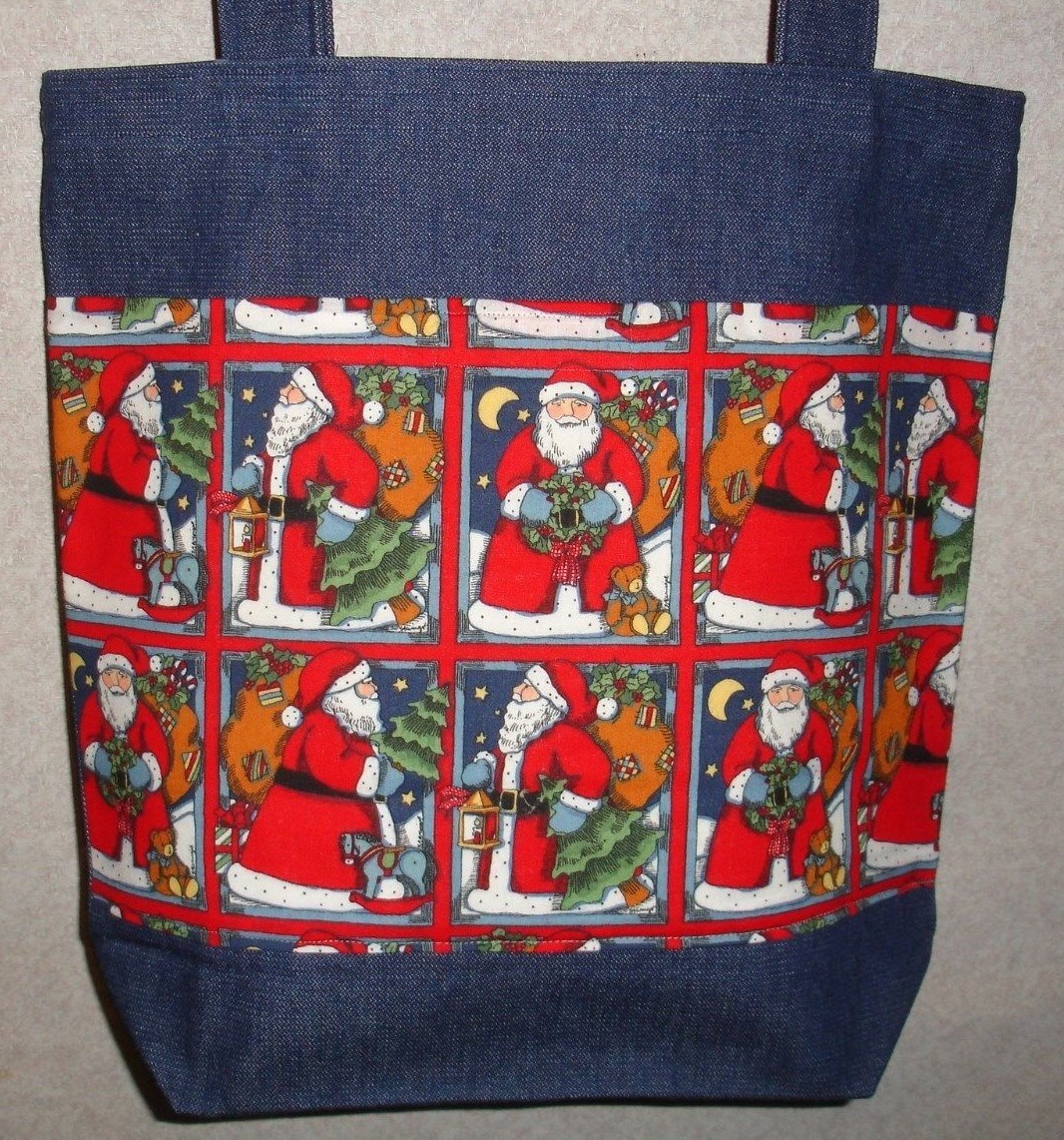 NEW Handmade Large Christmas Santa Claus Big Squares Denim Tote Bag | eBay