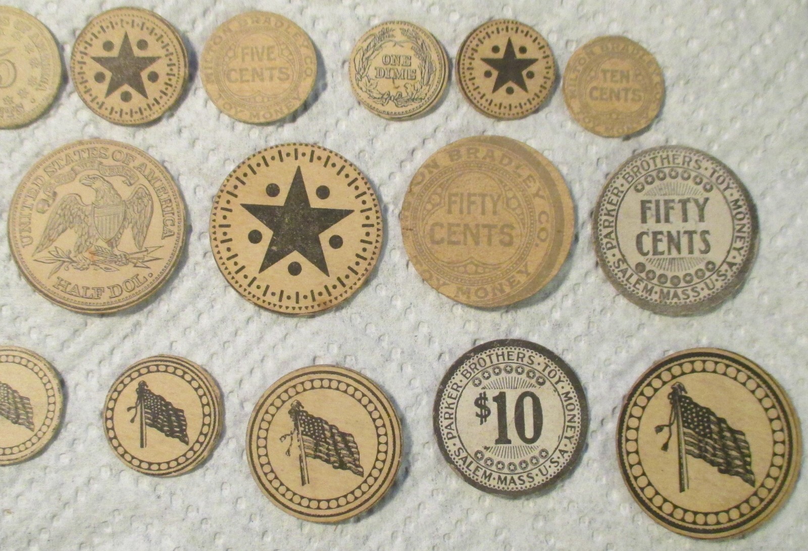 26 Diff. C. 1880's Milton Bradley & Parker Brothers Toy Money Tokens W ...