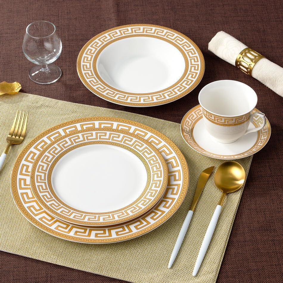 Luxury 57-Pc Gold Greek Key Dinnerware Set for 8 - Elegant Tableware | eBay
