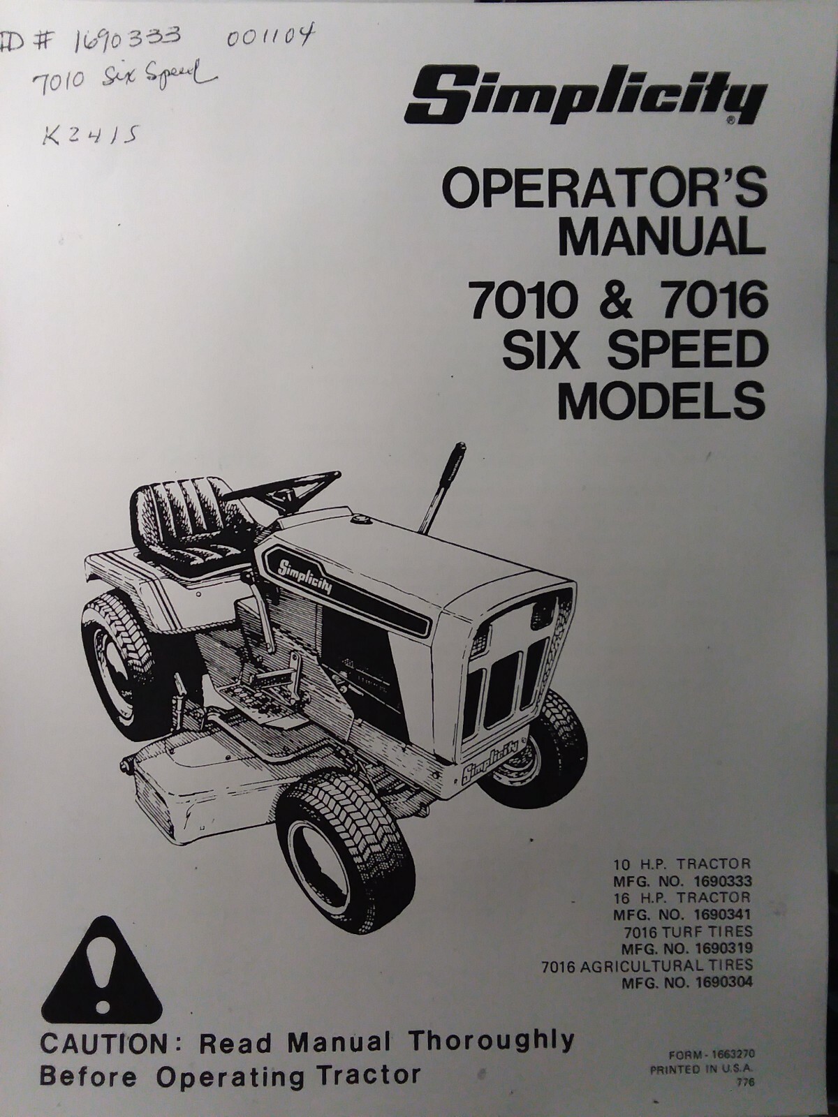 Simplicity 7010 7016 6-Sp Garden Tractor Owners Manual 1690333 1690341 ...