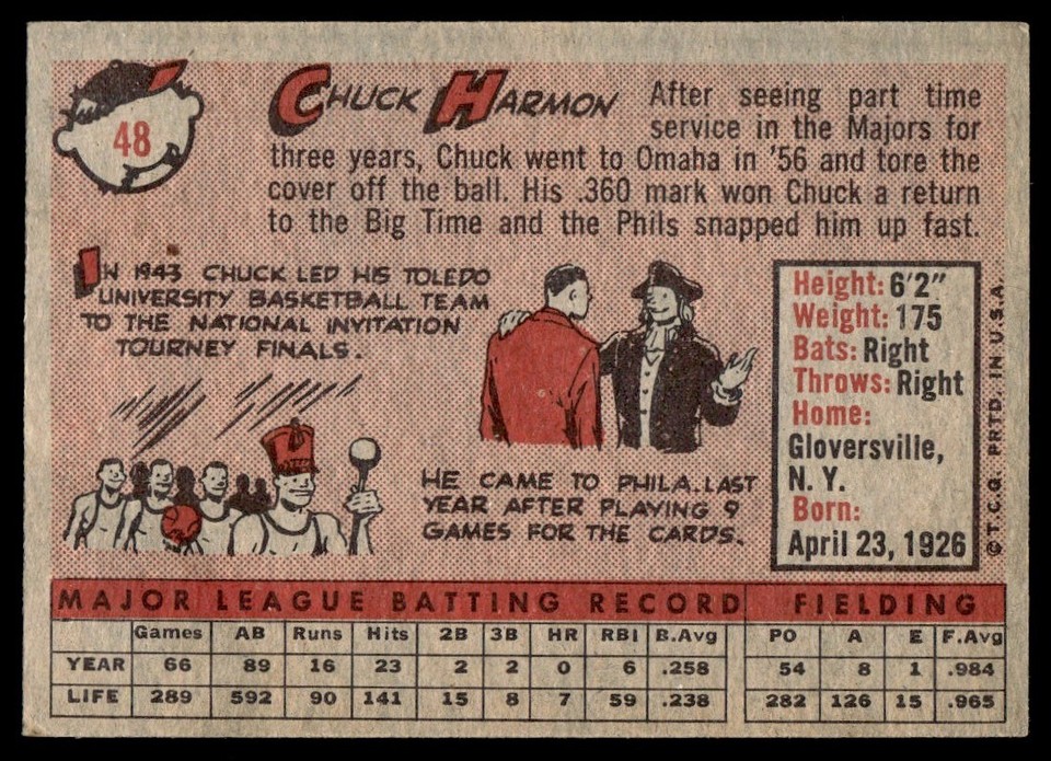1958 Topps Baseball Card Chuck Harmon Philadelphia Phillies #48 EX-MT ...