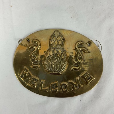 Handcrafted Brass Welcome Plaque Sign Oval Hanging Wall Mount Pineapple ...
