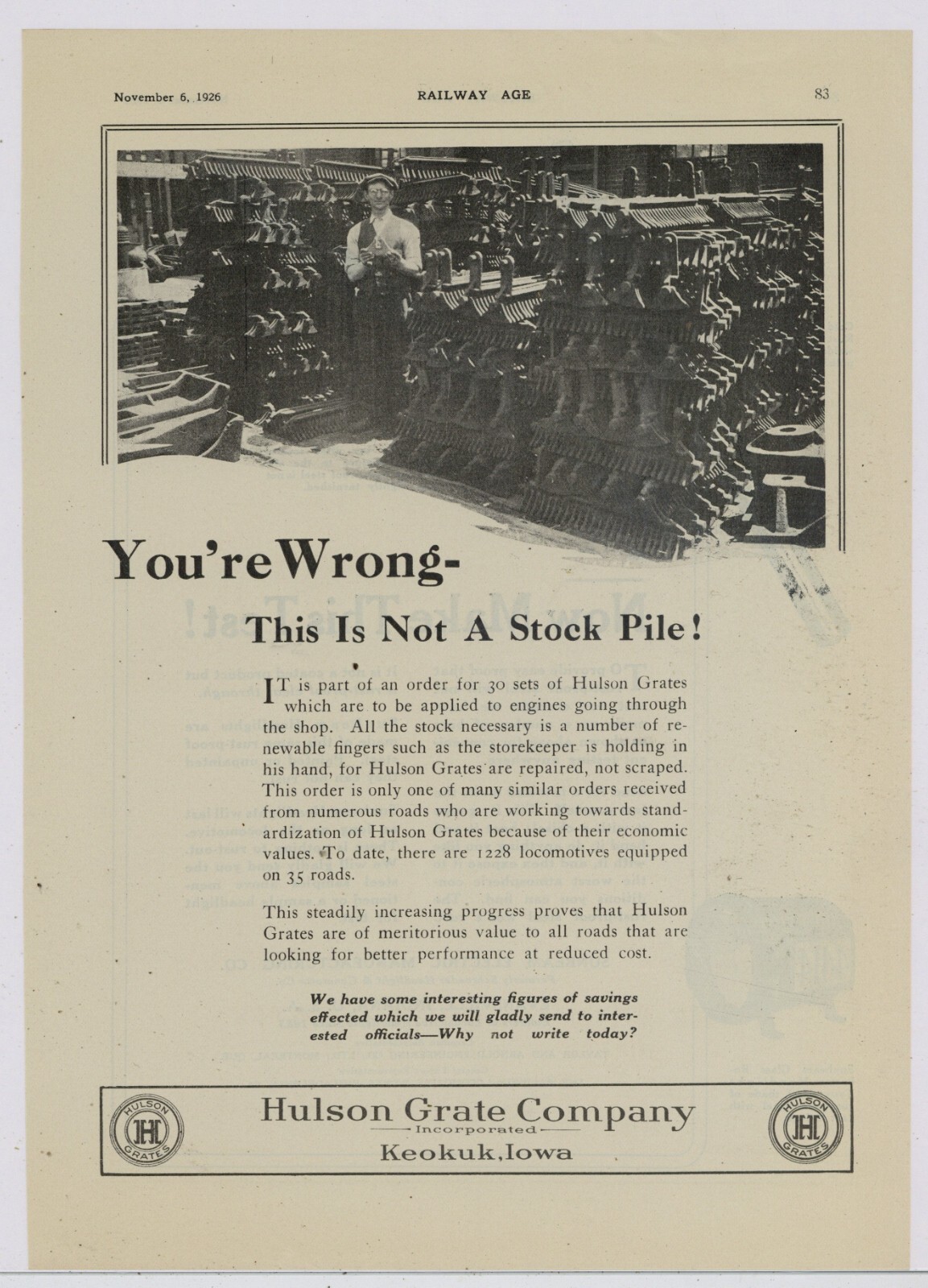 1926 Hulson Grate Co. Ad: 1228 Locomotives Equipped - Keokuk, Iowa | eBay
