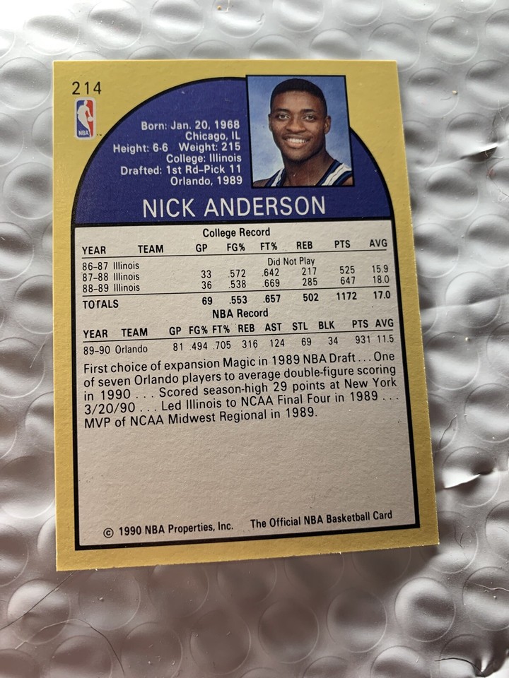 1990-91 NBA Hoops Nick Anderson Rookie Card # 214 Orlando Magic RC ...