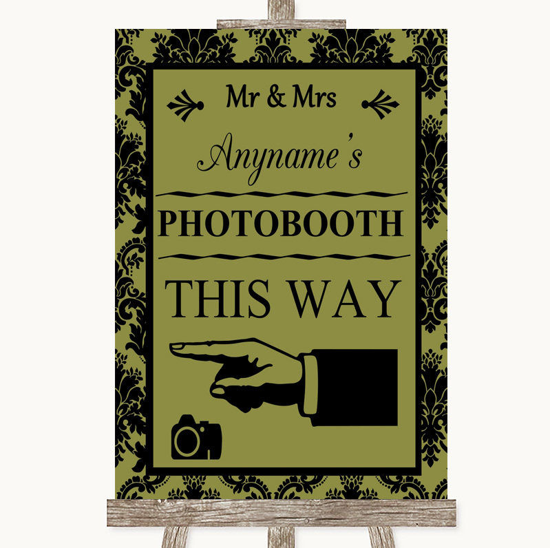Olive Green Damask Photobooth This Way Left Personalised Wedding Sign ...