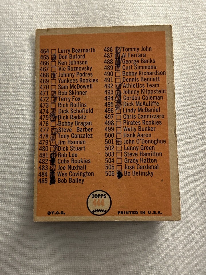 1966 Topps Baseball set #444 6th Series Checklist Marked H550 | eBay