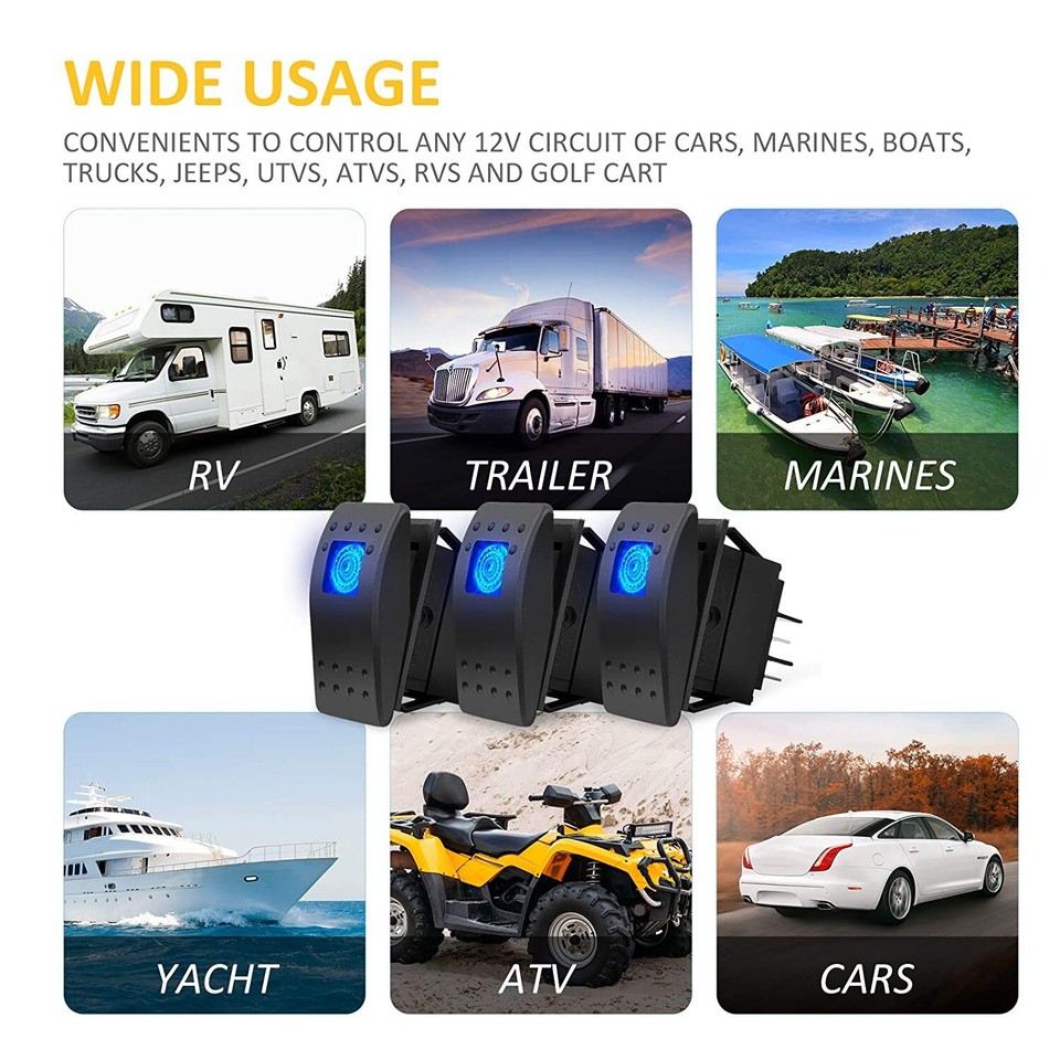 4Pcs Car Boat Marine Dash Rocker Switch Blue 12V 24V Waterproof ON-OFF ...