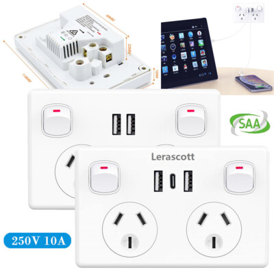 Lerascott Dual USB Power Point GPO 10A Home Power Plug Socket Switch ...