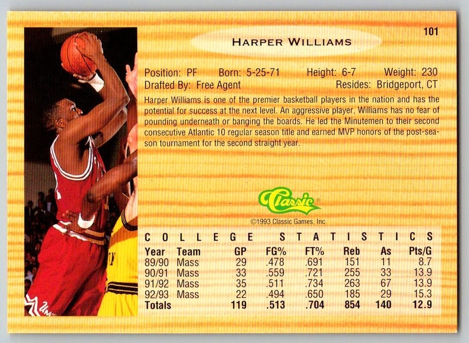 1993-94 CLASSICS DRAFT PICKS HARPER WILLIAMS UMASS MINUTEMEN #101 | eBay