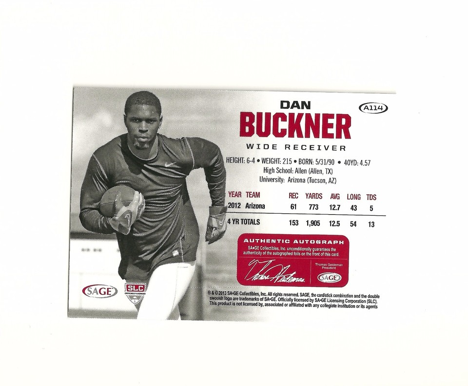 2013 SAGE HIT Autographs Silver #A114 Dan Buckner RC Auto Arizona ...