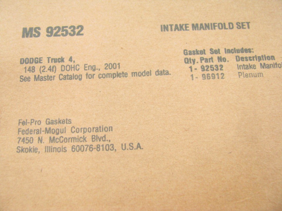 Fel-pro MS92532 Intake Manifold Gasket Set 2001-07 Caravan 2002-03 ...