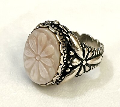 Carolyn Pollack Relios Signed Ring Sterling Silver Carved Flower MOP ...