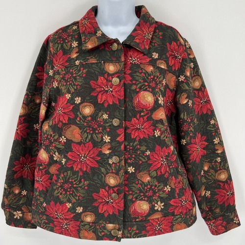 The Tog Shop Tapestry Trucker Style Jacket Poinsettia Christmas Holiday ...