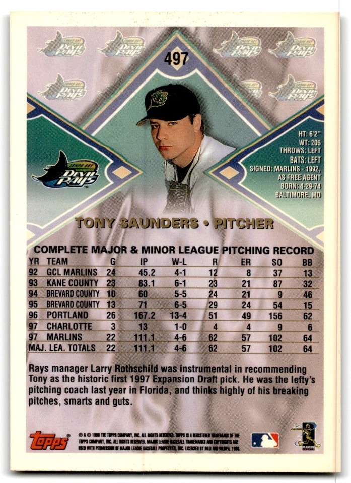1998 Topps Baseball Card Tony Saunders Tampa Bay Devil Rays #497 | eBay