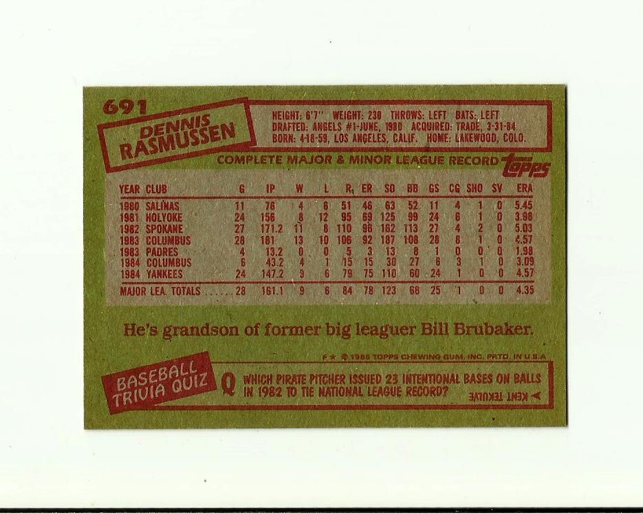 1985 TOPPS #691 Dennis Rasmussen: New York Yankees: Pitcher: Baseball ...