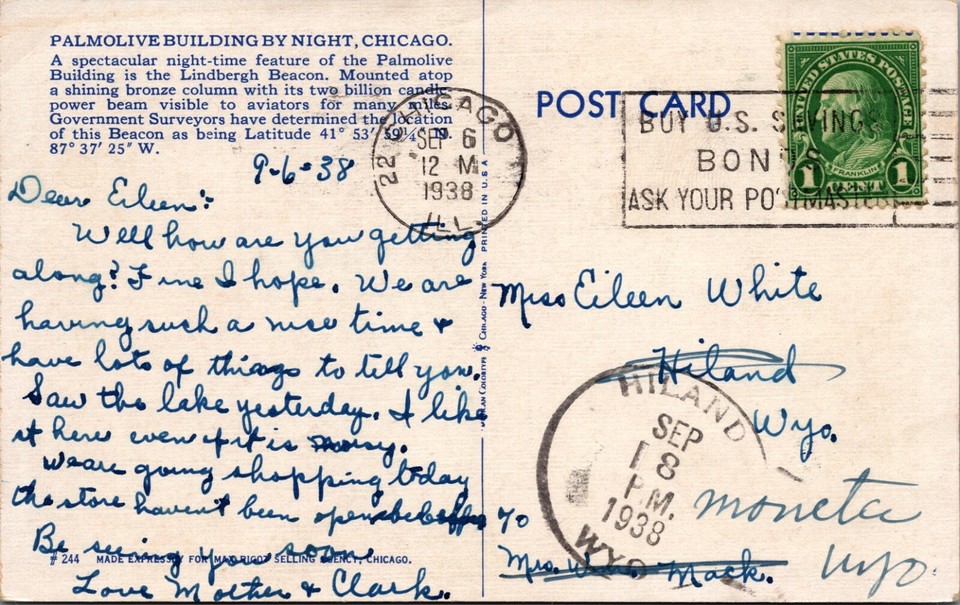 Palmolive building night view savings bond postmark Chicago Illinois ...