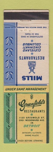 Matchbook Cover - Greenfield's Restaurant Detroit MI Mills Cleveland ...