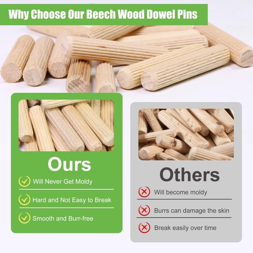 1/4" x 1-1/4" Wooden Dowel Pins Fluted Wood Dowel Rods Natural Beech ...