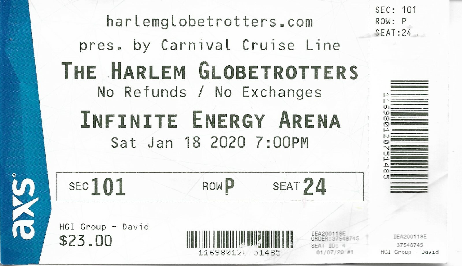 Used AXS THE HARLEM GLOBETROTTER AT INFINITE ENERGY ARENA TICKET STUB ...