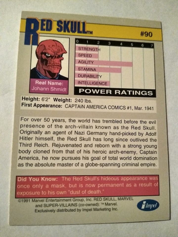 1991 RED SKULL IMPEL MARVEL CINEMATIC UNIVERSE CARD #90 CAPTAIN AMERICA ...