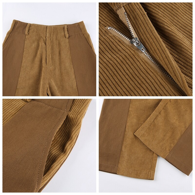 Lady Casual Corduroy Splice Pants Long Trousers Straight Leg High Waist ...