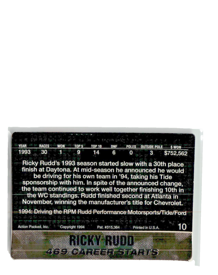 1994 Action Packed - Ricky Rudd #10 NASCAR | eBay