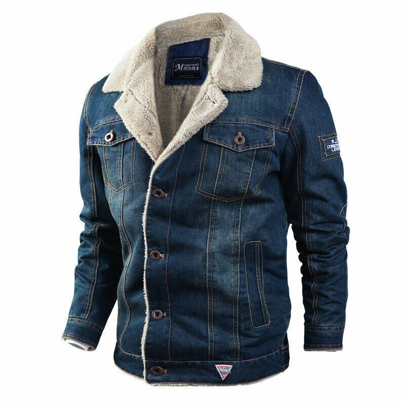 Mens Trucker Denim Jacket Fur Lapel Collar Fleece Lined Winter Warm ...