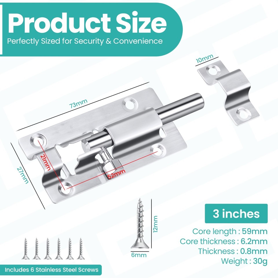 Slide Bolt Door Lock Catch Gate Latch Cabinet Bathroom Toilet Shed + 6 ...