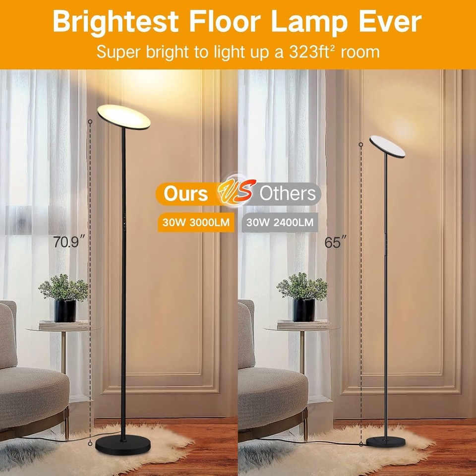 LED Uplighter Floor Lamp 30W 3000LM, Bright Modern Torchiere Dimmable ...