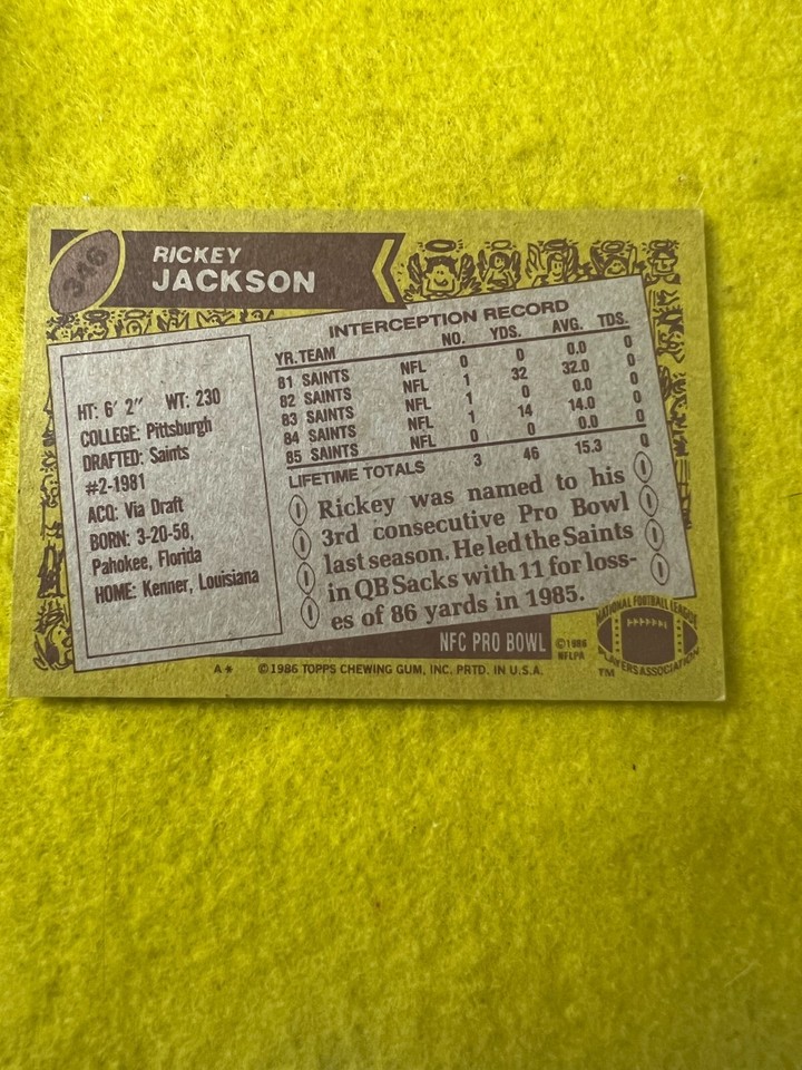 RICKEY JACKSON , NEW ORLEANS SAINTS , 1986 TOPPS NFL FOOTBALL CARD 346 ...