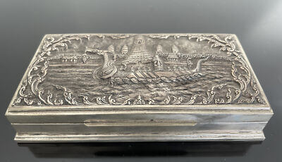 Siam Sterling Silver Cigar Cigarette Jewelry Desk Box Boat Wood Lined ...