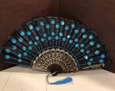 Vtg Asian Folding Hand Fan Blue Black Fabric Embroidered Sequin ...