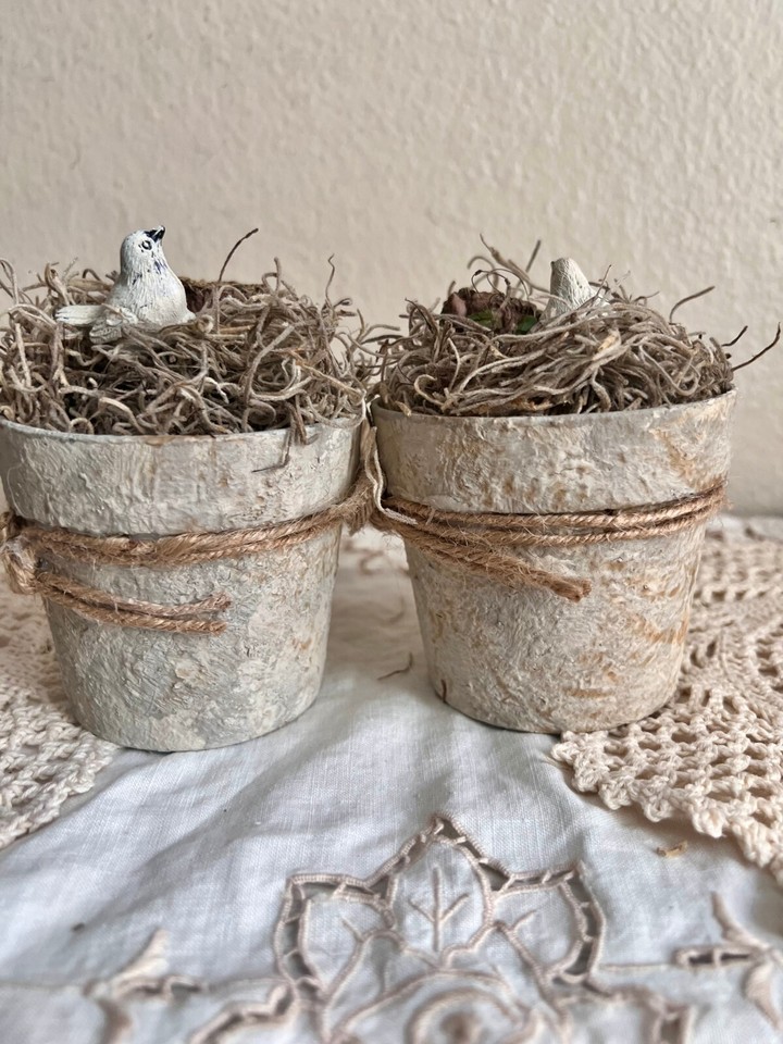 Set of 2 Upcycled French Country Small Pots with Birds and Nests | eBay